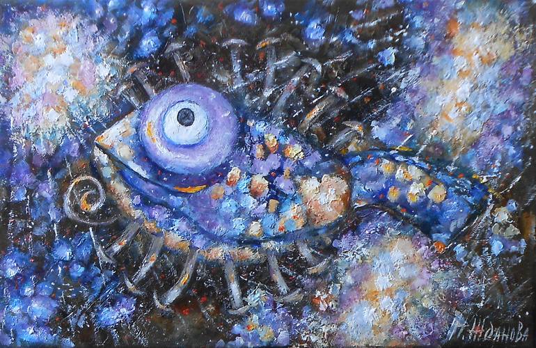 Surrealism fish painting oil on canvas, Surreal blue fish art fantasy ...