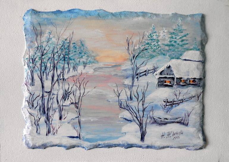 Winter landscape painting snowy, Winter sunset village small painting ...