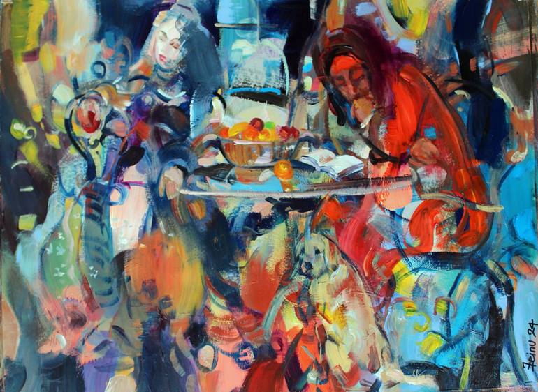 Two women at a Table Painting by Zeinu Mudeser | Saatchi Art