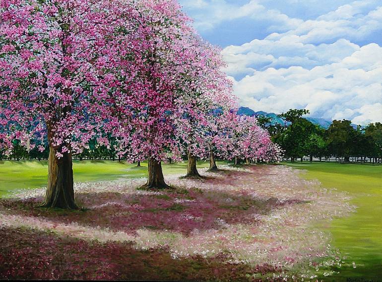 PINK POUI TREES Painting by KARIN BEST | Saatchi Art