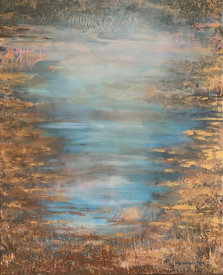 Tranquil Reflective Waterscape Painting by Danguole Serstinskaja ...