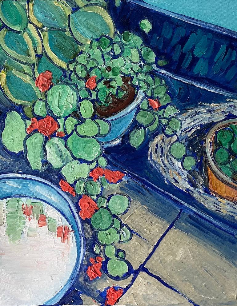 Hostas and Nasturtiums by the Birdbath Painting by Brian Pinnell ...