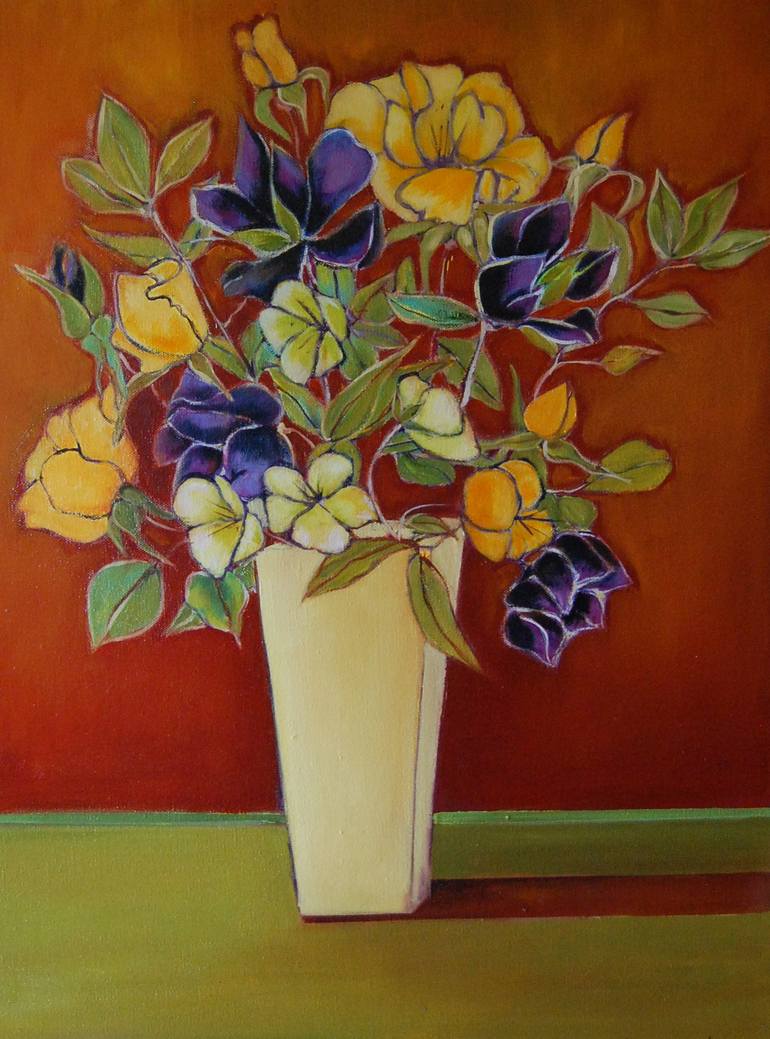 Yellow and Purple Flowers Painting by Leslie Winokur | Saatchi Art