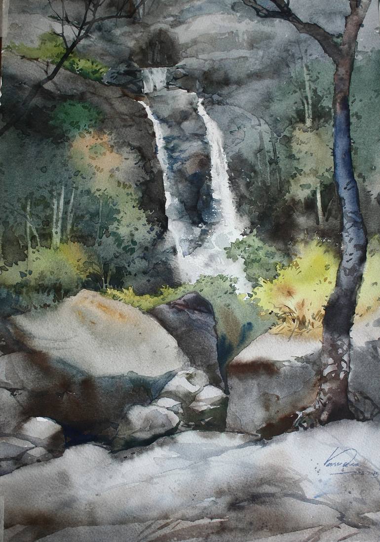 Water fall Painting by vasudeo kamath | Saatchi Art