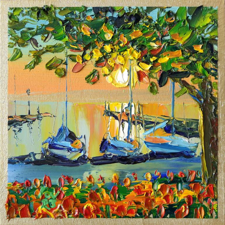 Cozy Sunset on Garda Lake, Italy Landscape, Oil Painting Painting by ...