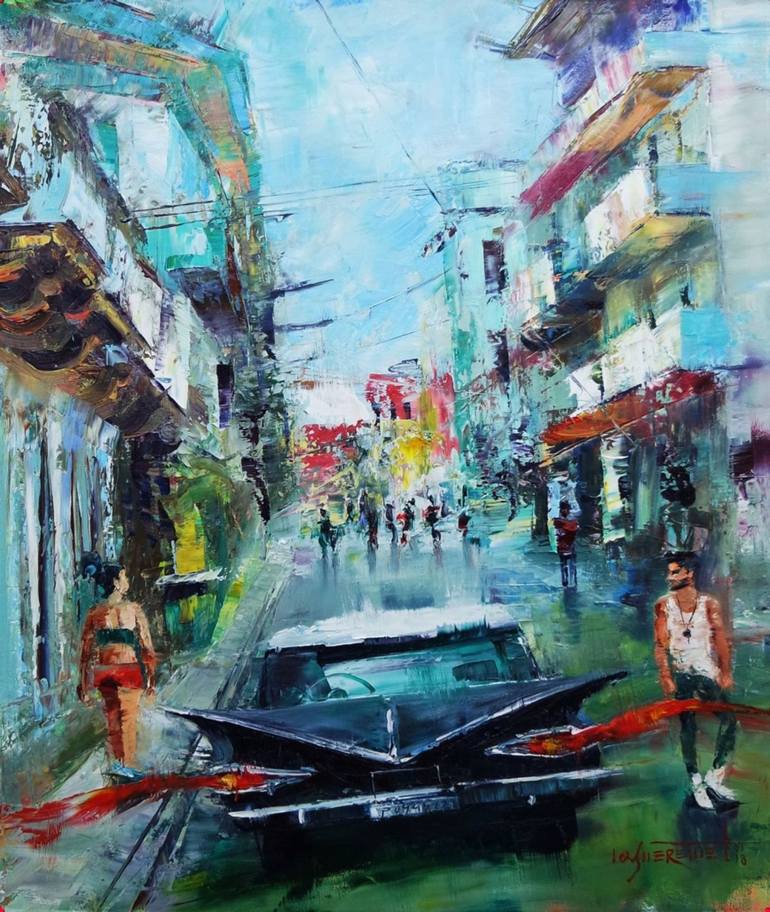 HAVANA CUBA STREET SCENE WITH VINTAGE CARS AND A YOUNG COUPLE FLIRTING ...