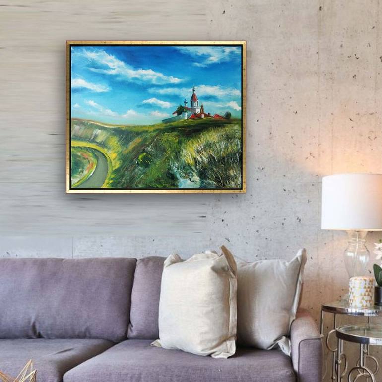 Moldova Landscape Oil Painting, Original Artwork with View on the Temple over the Hills and ...