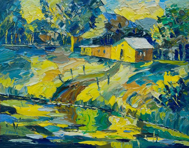 Country Scene in yellow and Blue Painting by Joseph Hawa | Saatchi Art