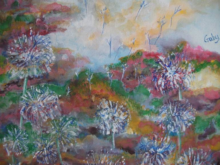 Flight of the Dandelion Clocks Painting by Gabrielle Stubbs | Saatchi Art