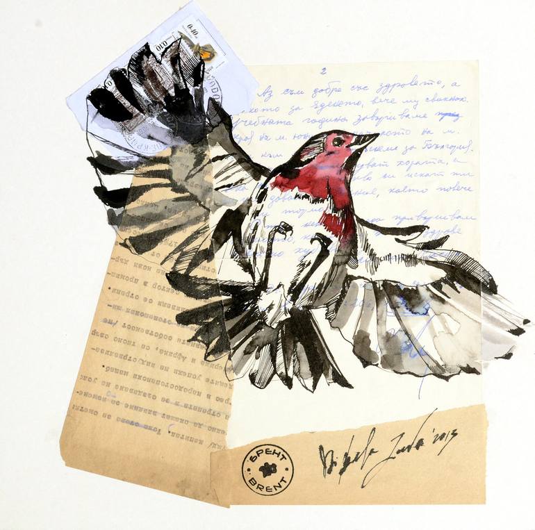 Flying Bird- ink on vintage letters, original drawing Drawing by ...