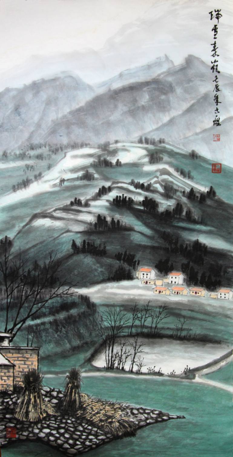 YiXiong Gu ink works Qinling Mountains village in winter Painting by ...