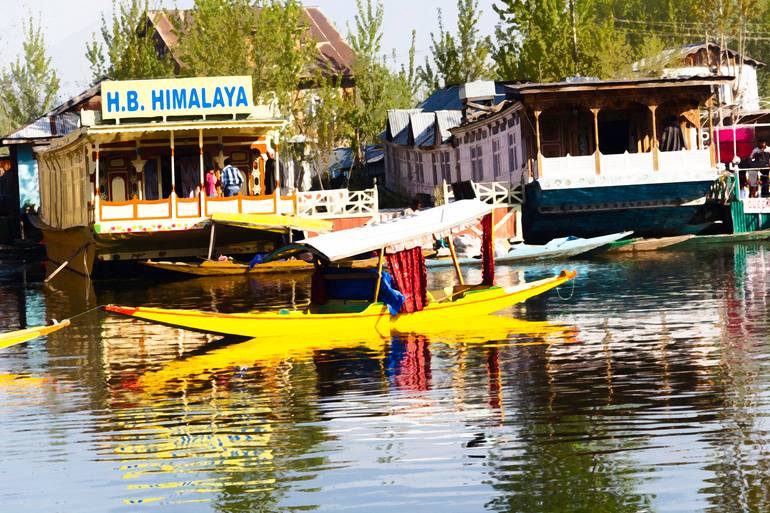 A bright yellow shikara in the water of the Dal Lake in Srinagar in ...