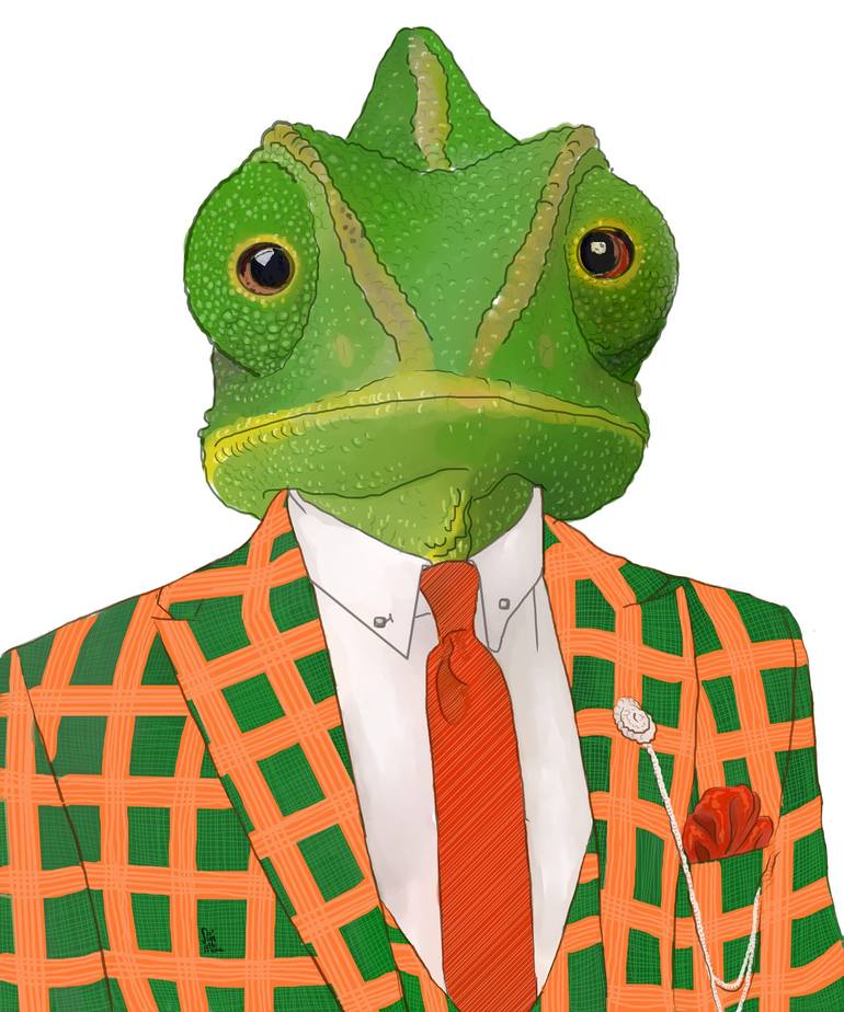 Chameleon in a green plaid suit Painting by Oluwaseyi Alade | Saatchi Art
