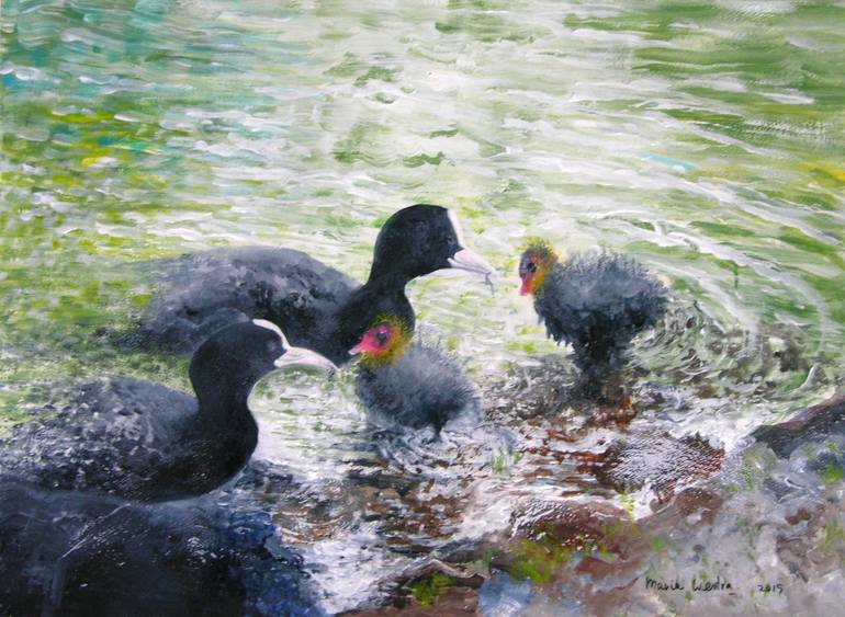 coot with young Painting by Maria Westra | Saatchi Art