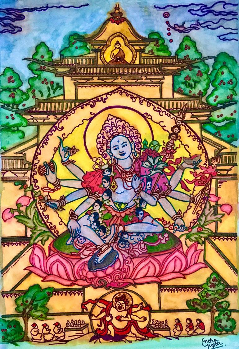 Eight Armed Wrathful Form of Green Tara Thangka Watercolour Painting ...