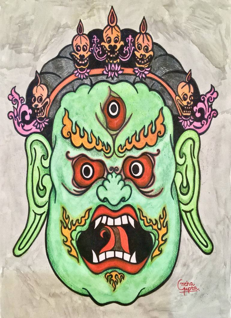 Mahakala, Wrathful Face of Dharampala Buddha Thangka Watercolour ...