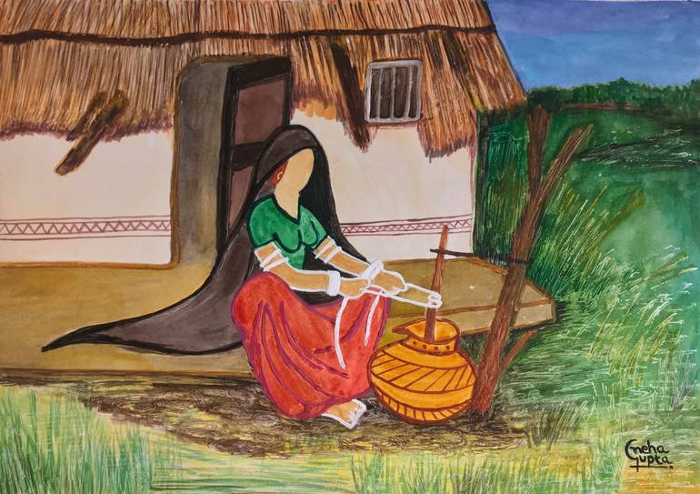 Daily Art #49 Woman Churning Butter Lippan Art Painting Painting by ...