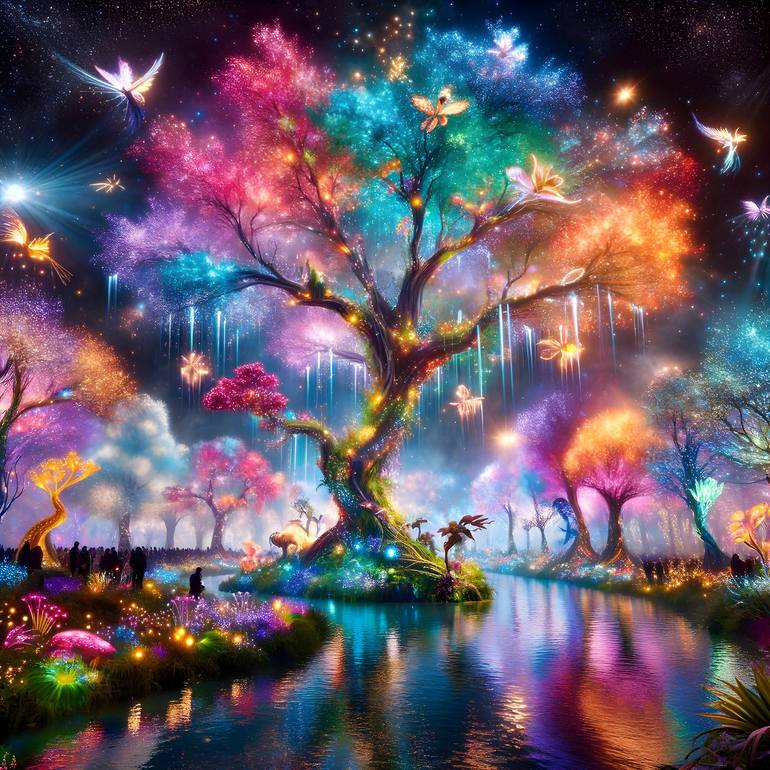 The tree of life with lights, butterflies, and small animals. Digital ...