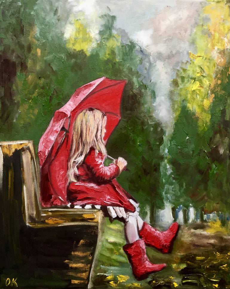 Lady with umbrella on the bench. Autumn is coming. Painting by Olga ...
