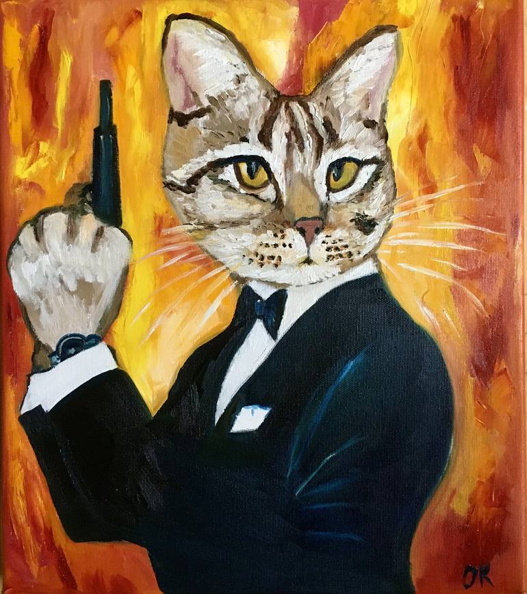 Cat James Bond agent 007 Painting by Olga Koval | Saatchi Art