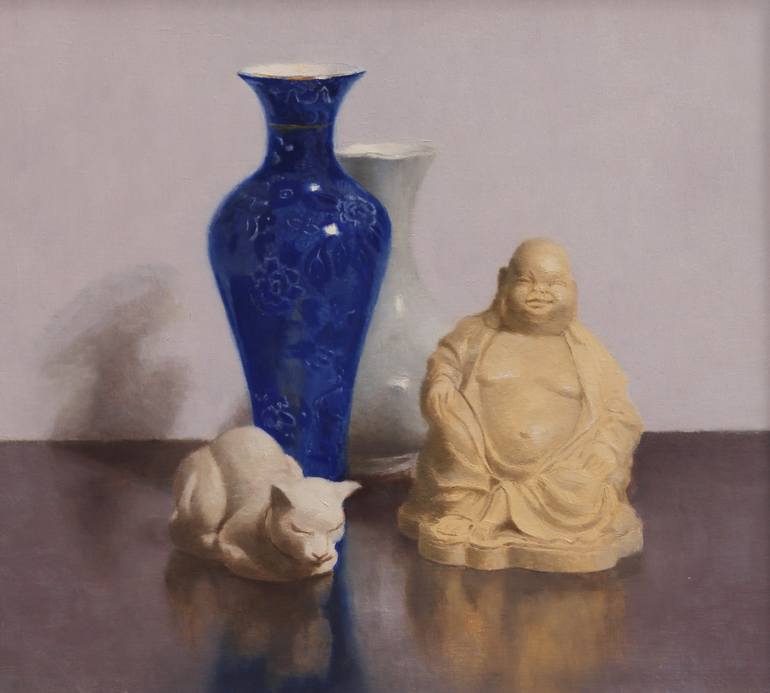 Buddha and cat Painting by david knight | Saatchi Art