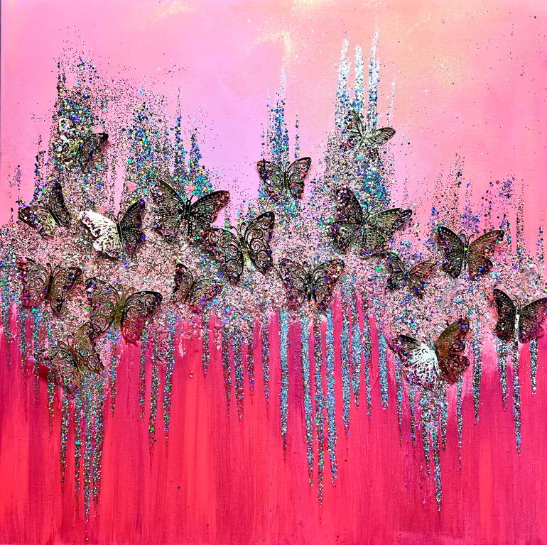 Pink butterfly garden Painting by Henrieta Angel | Saatchi Art