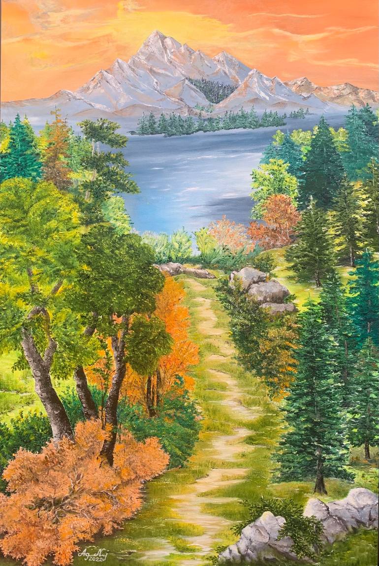 Lake shore path Painting by Agron Nushaj | Saatchi Art
