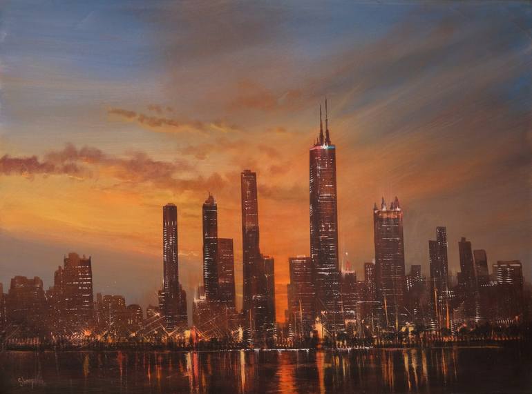 Chicago Skyline at Sunset Painting by Tom Shropshire | Saatchi Art