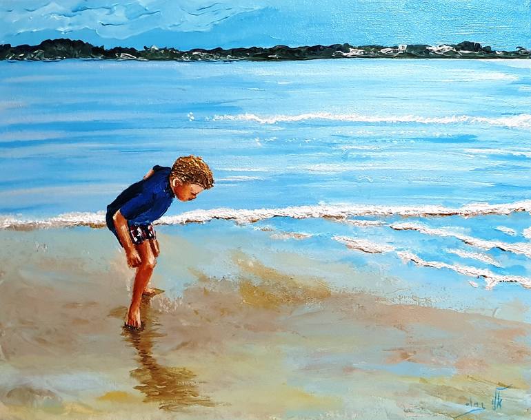 children gather shells and scatter them again Painting by Eli Gross ...