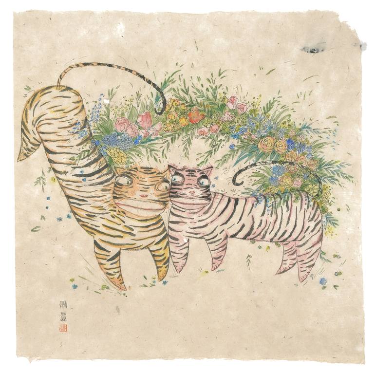 A pair of small tiger Painting by Li Zhou | Saatchi Art