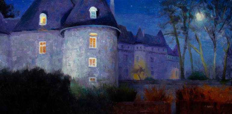Pompadour Castle in moonlit night, Correze France impressionism ...