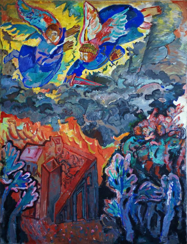 burning city Painting by Aleś Budaeŭ | Saatchi Art