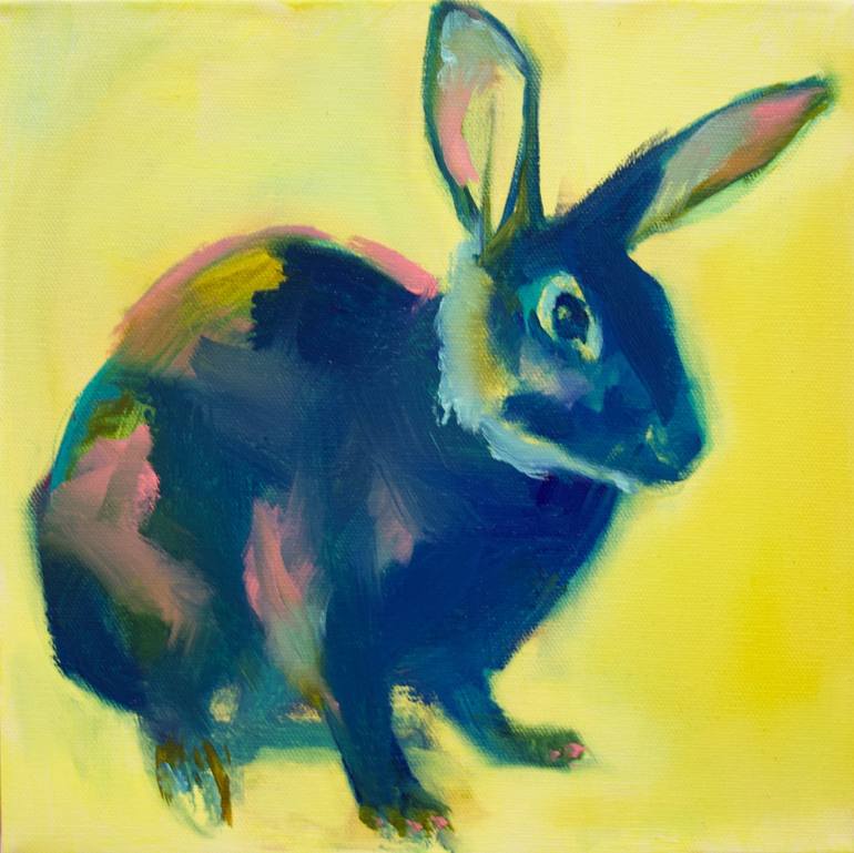 blue rabbit on yellow Painting by Kim Kimbro | Saatchi Art