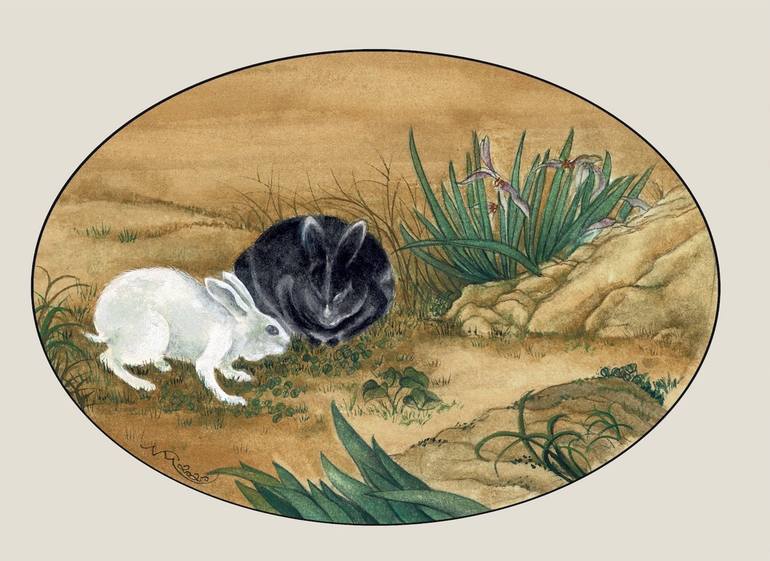 Rabbits And Irises Painting by Nicola Mountney | Saatchi Art