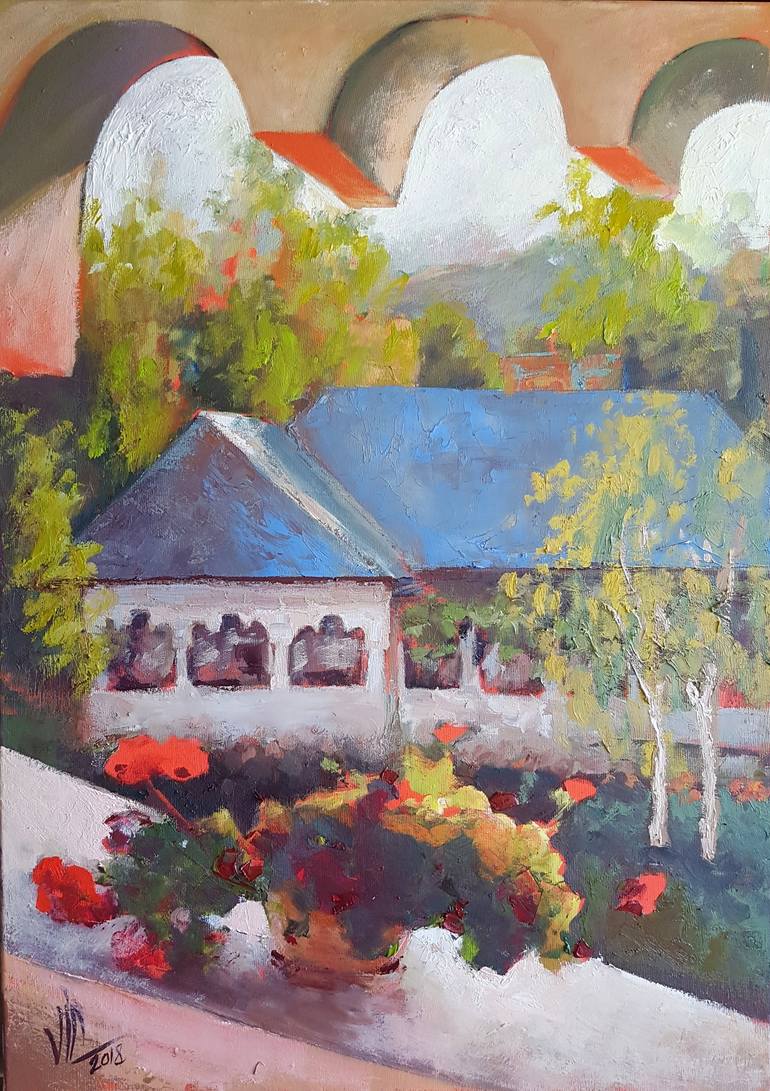View with red flowers Painting by Vali Irina Ciobanu | Saatchi Art