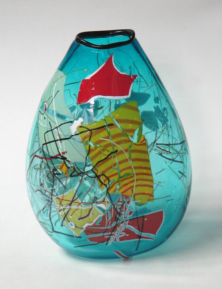 Copper Blue blown glass vase with yellow, orange and red shards ...