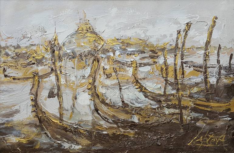 Golden Gondolas of Venice Painting by Viktorija Lapteva | Saatchi Art