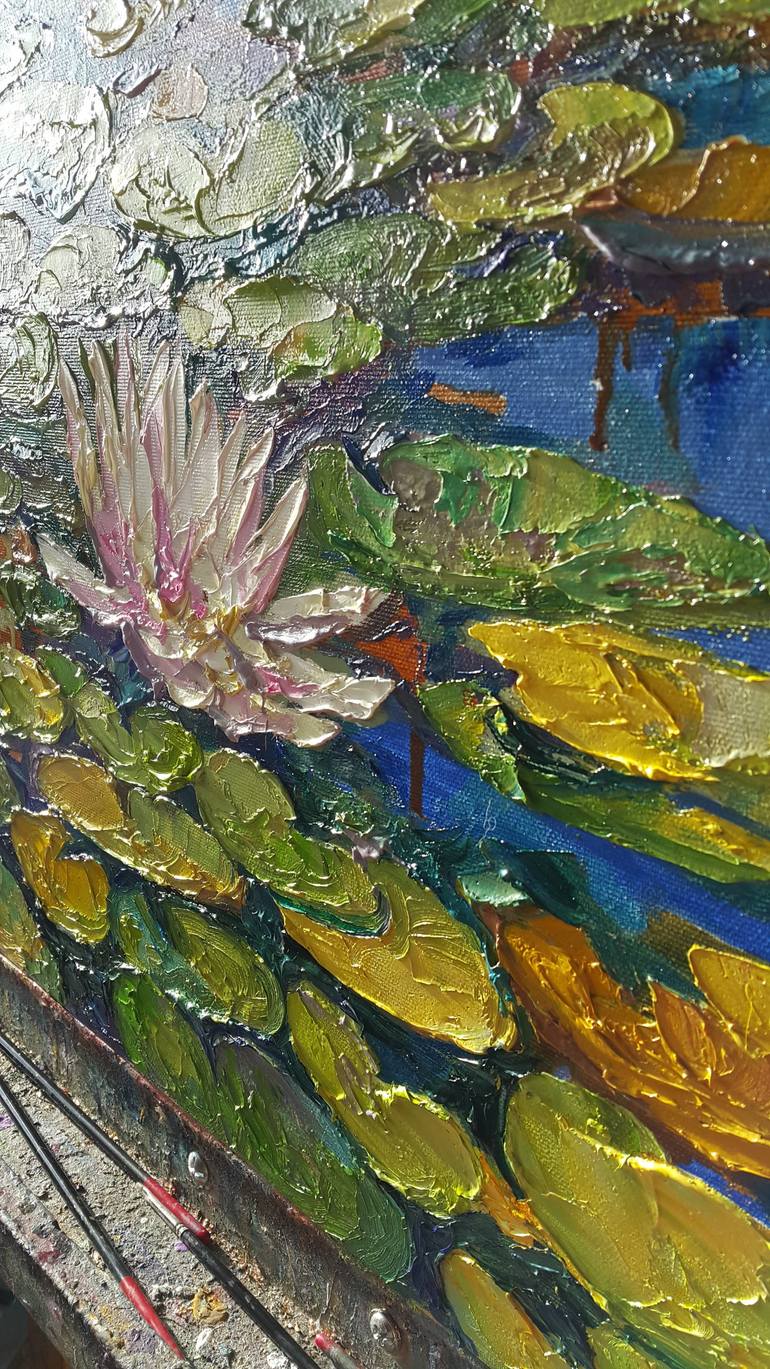 Water lilies - pond, lily, painting oil original impasto Painting by ...