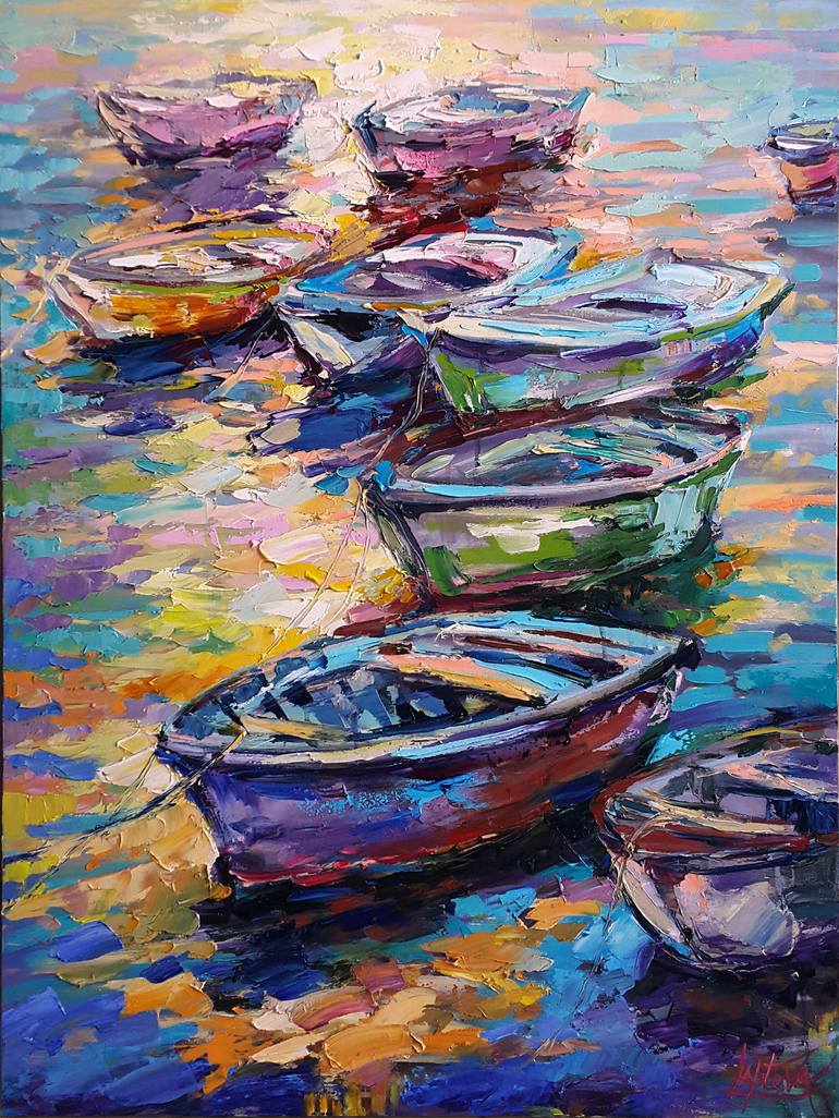Painting Boats in the bay, landscapes Painting by VIKTORIJA LAPTEVA ...