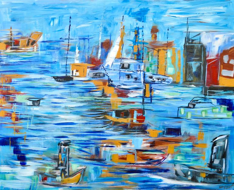 Abstract Harbor Boats Painting, Seaport Art, Vibrant Blues, 24x30 ...