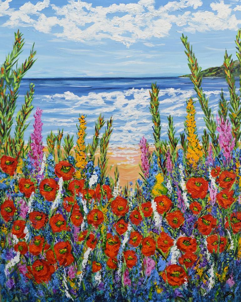 Poppy Beach Ocean Painting Painting by Kathy Symonds | Saatchi Art