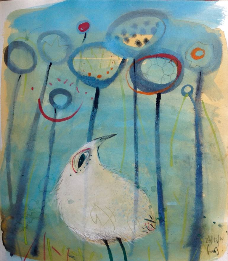 Bird and flowers Painting by Sabine Waldmann-Brun | Saatchi Art