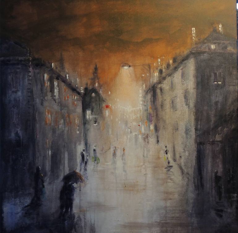 Shopping Street at Christmas Painting by Urban Hedin | Saatchi Art