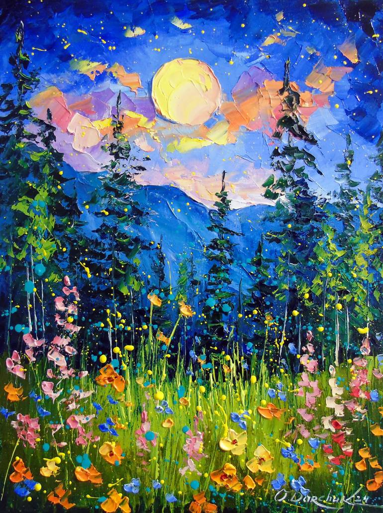 Moonlit Night by the Mountains Painting by Olha Darchuk | Saatchi Art