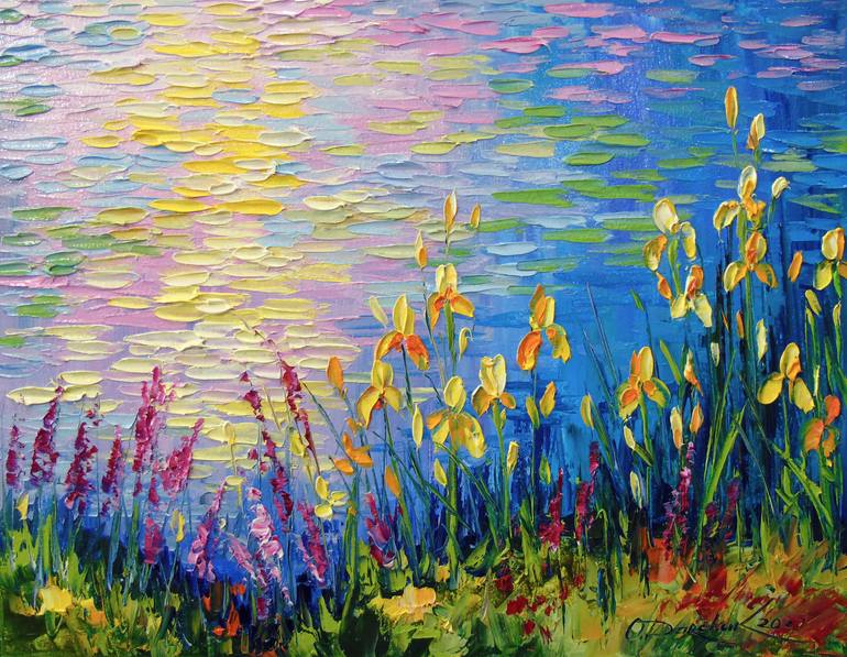 Irises by the pond Painting by Olha Darchuk | Saatchi Art