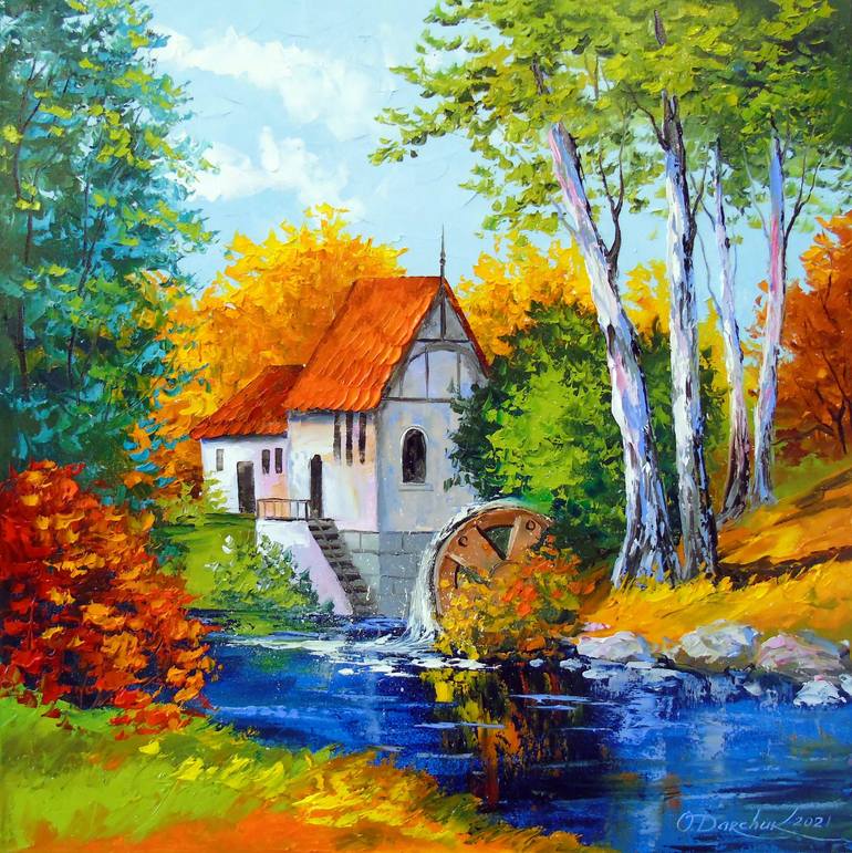 Mill by the river Painting by Olha Darchuk | Saatchi Art
