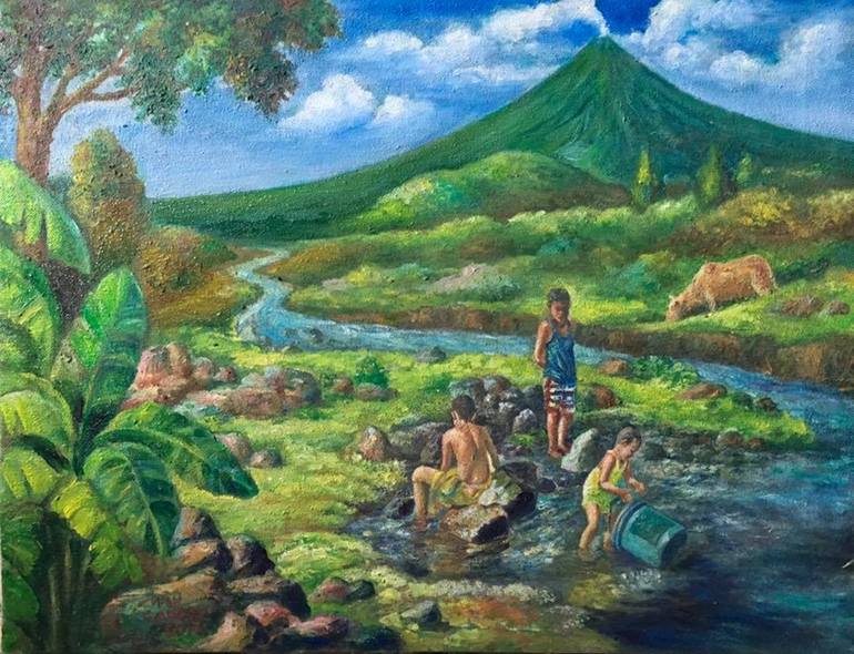 3 brothers swimming at Pawa river 2 Painting by manuel cadag | Saatchi Art