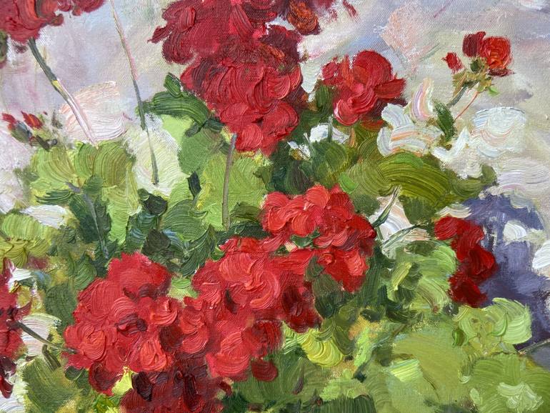Red Geranium Flowers Painting by Nataliia Nosyk | Saatchi Art