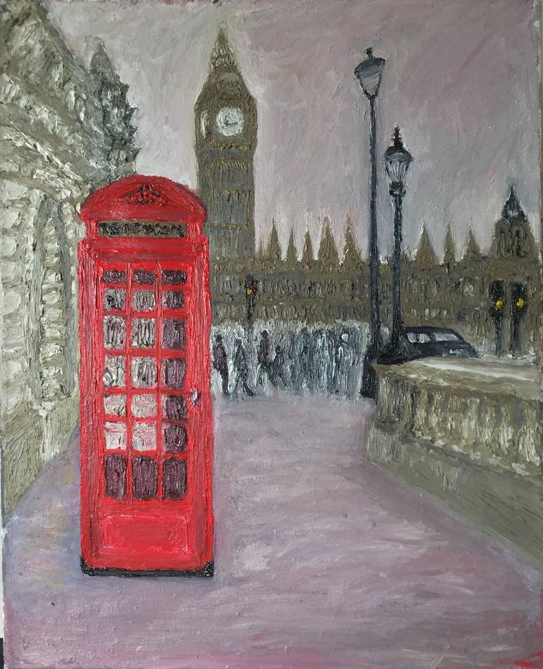 Red Telephone Box Painting by He Hu | Saatchi Art