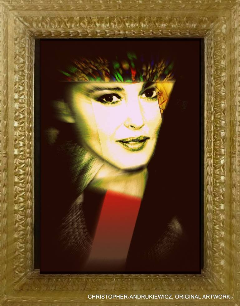 lady with lamp-shade hat and necklace with a golden surround. Digital ...